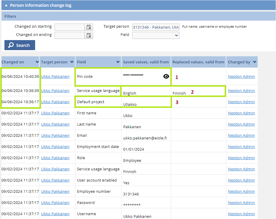 Person information change log – Nepton Support
