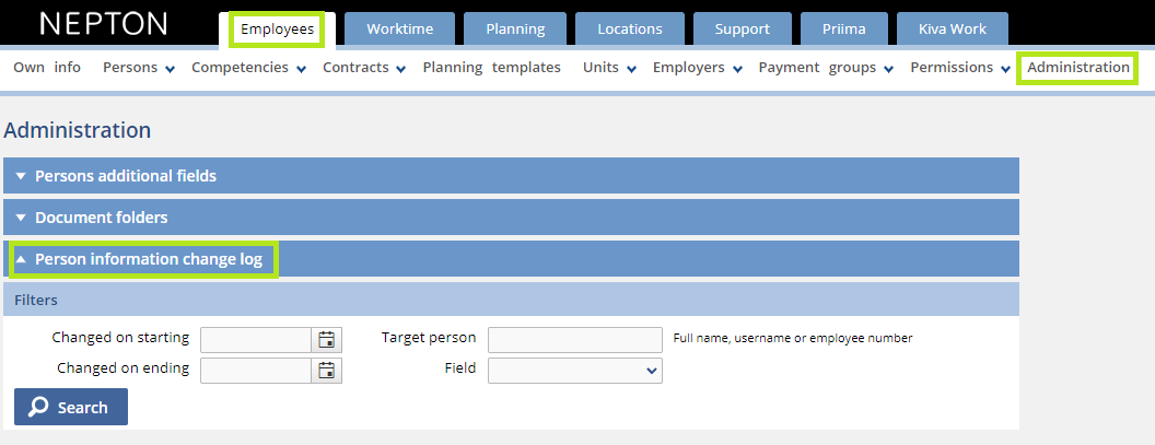 Person information change log – Nepton Support