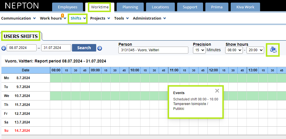 Viewing planned shifts – Nepton Support