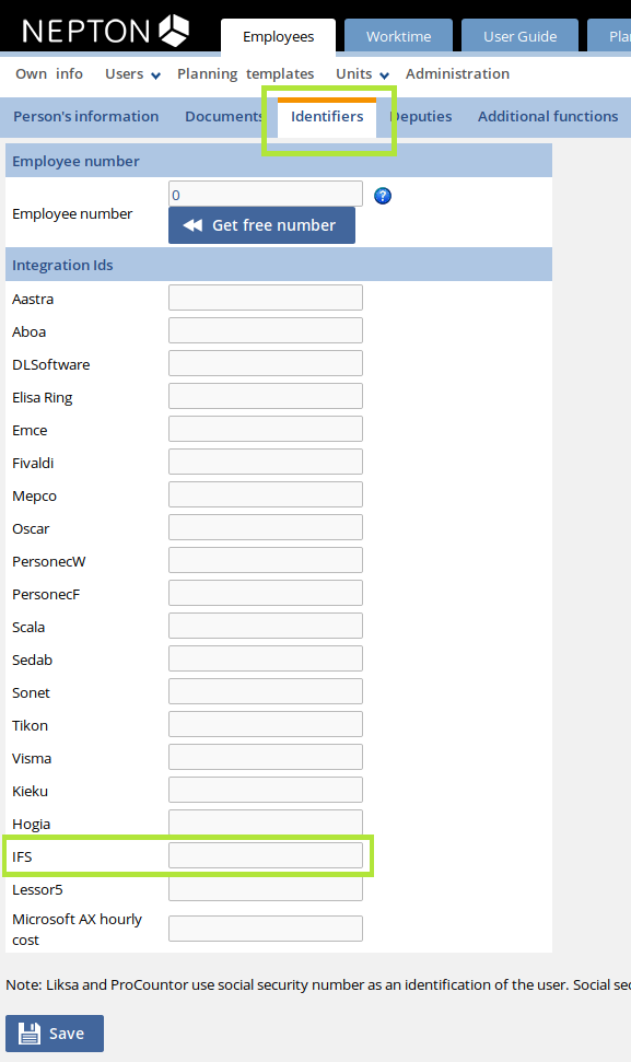 IFS work hours export – Nepton Support